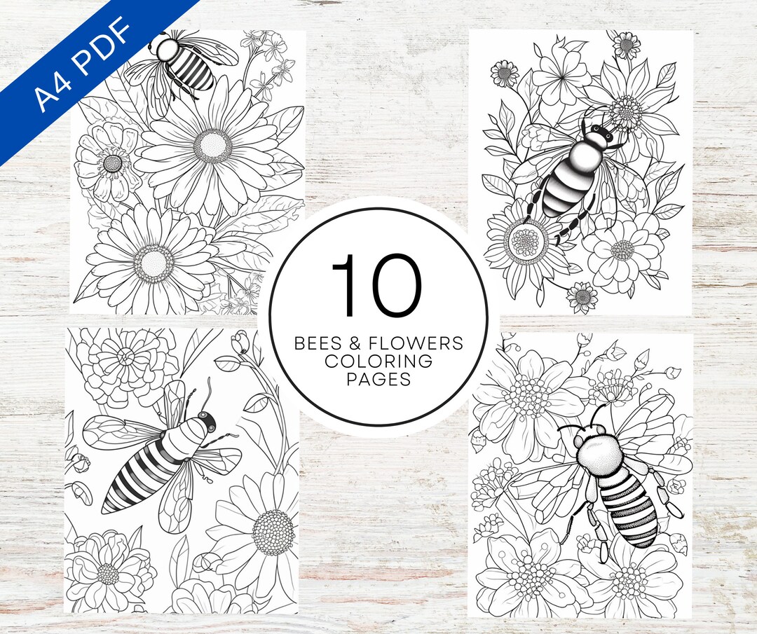 10 Bee & Flowers Coloring Pages | Printable PDF A4 | Spring Insects ...