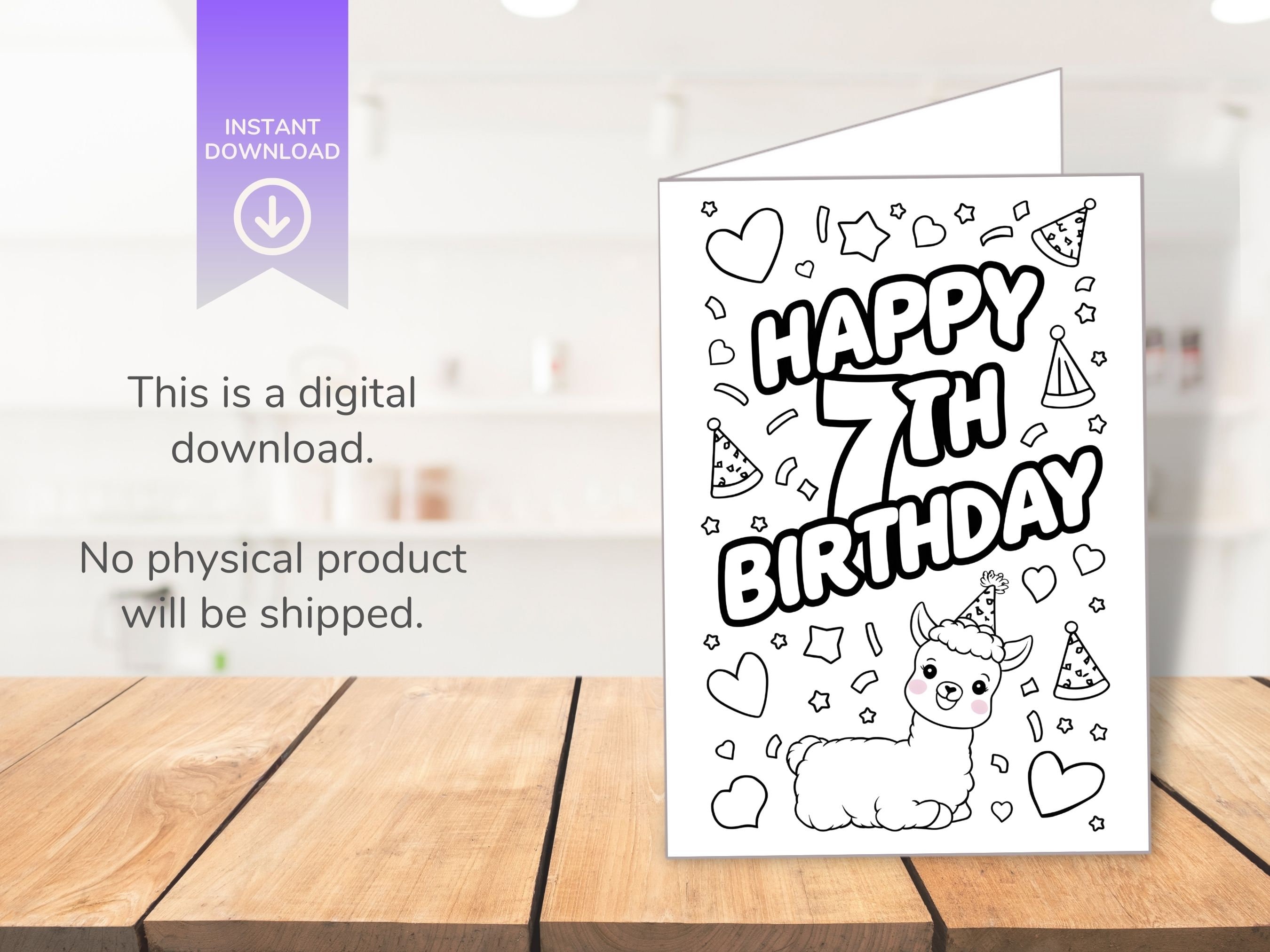 7th Birthday Llama Coloring Card - Printable Birthday Card - Digital ...