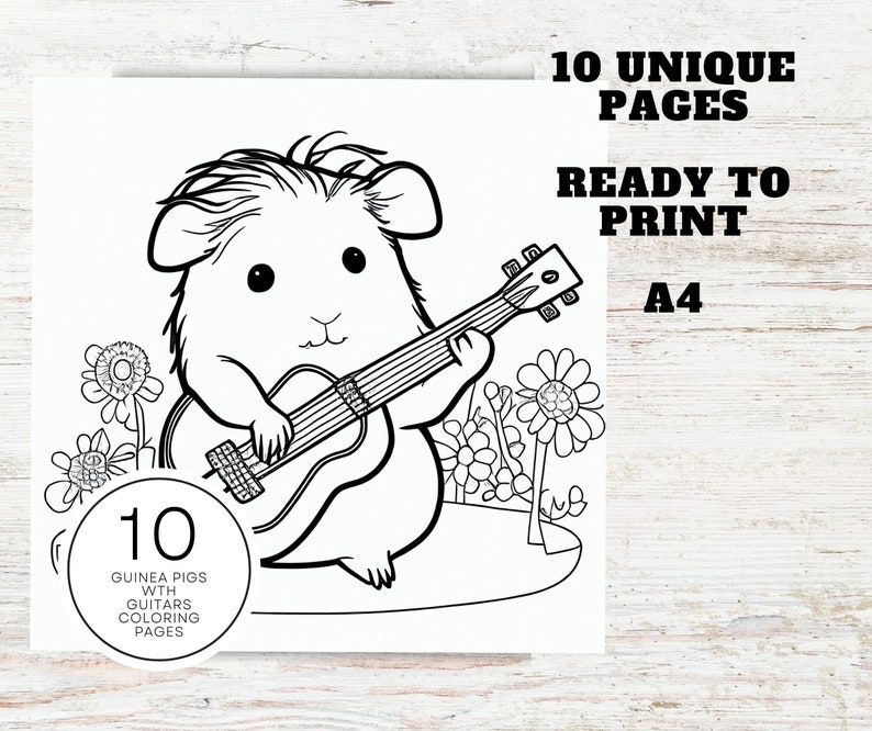 10 Cute Guinea Pigs With Guitars Coloring Pages Stress Relief Sheets ...