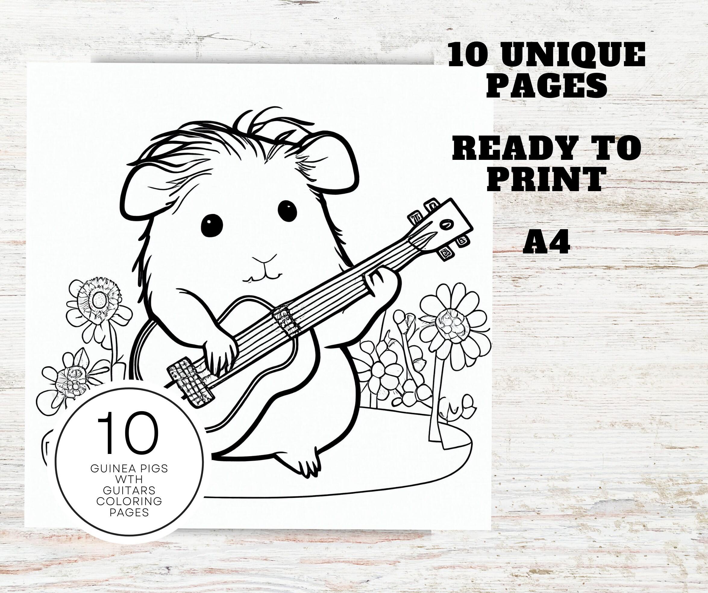 10 Cute Guinea Pigs With Guitars Coloring Pages | Stress Relief Sheets ...