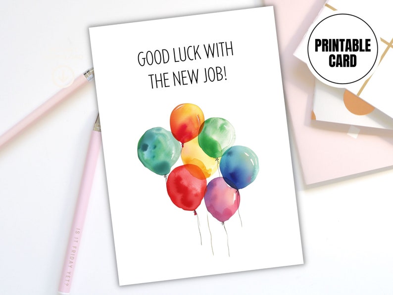 Digital Download Good Luck New Job Card Printable Watercolor Balloons ...