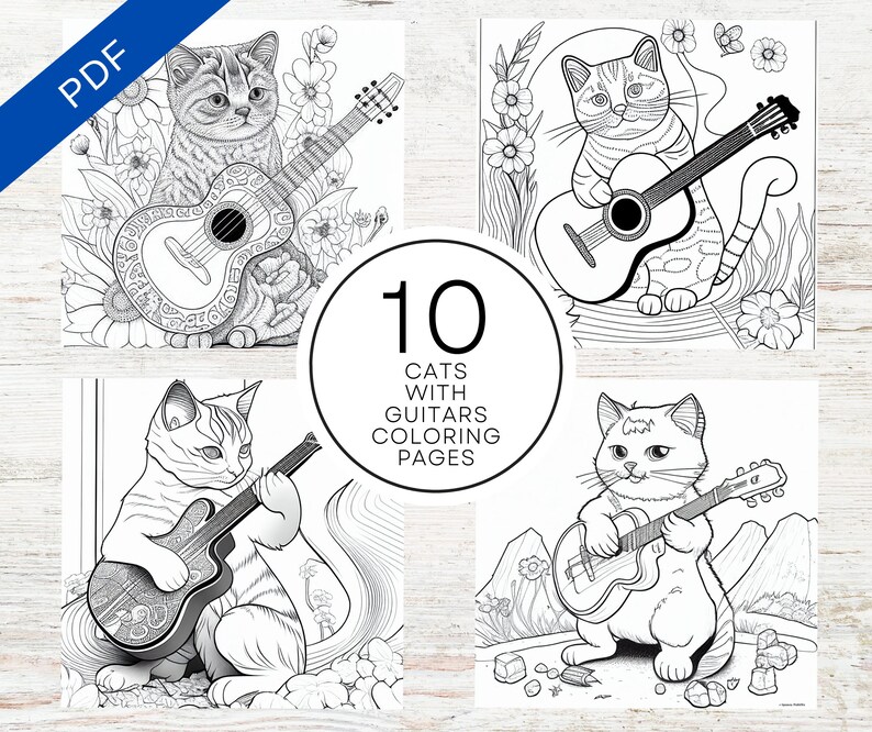 10 Cute Cats With Guitars Coloring Pages | Printable PDF Instant ...