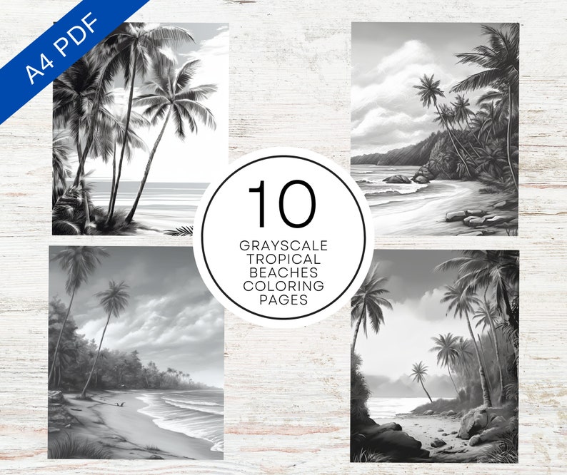10 Grayscale Tropical Beaches Coloring Pages for Adults | Digital ...