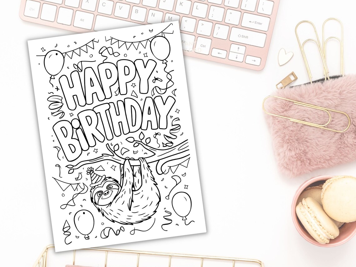 Happy Birthday Sloth Printable Coloring Card | Digital Download Kid's ...