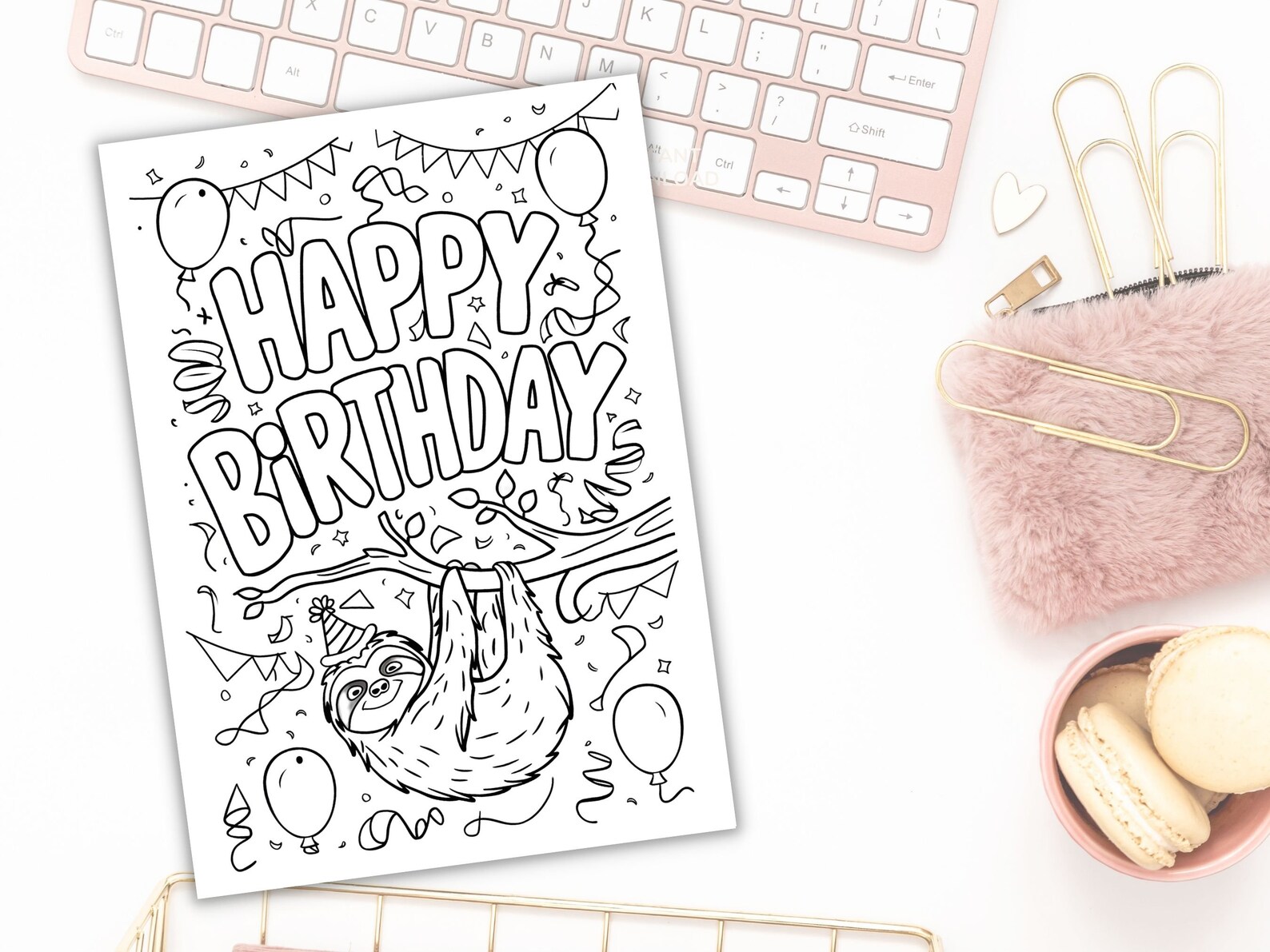 Happy Birthday Sloth Printable Coloring Card Digital Download Kid's ...
