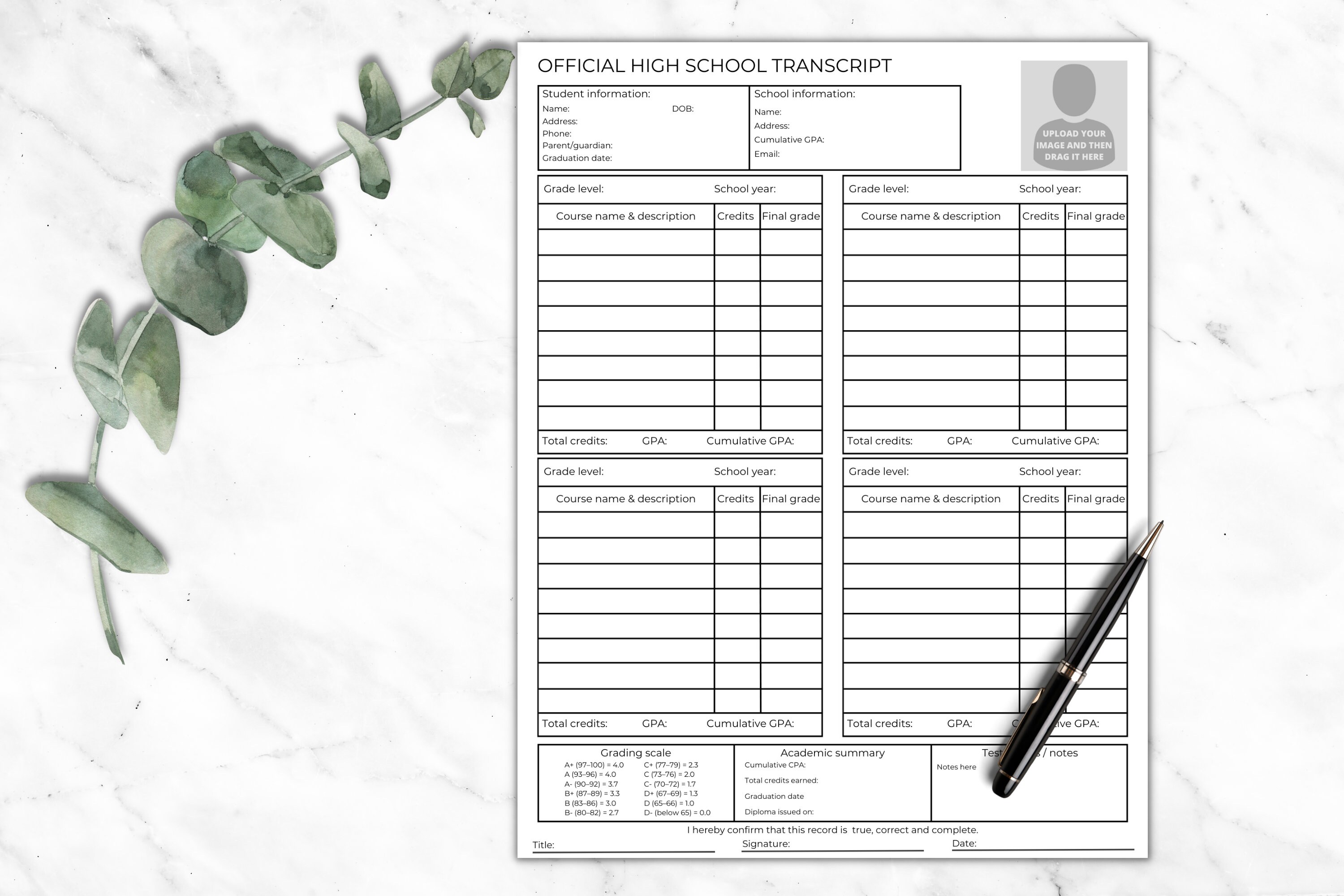 High School Transcript Report Card Template Editable Homeschool