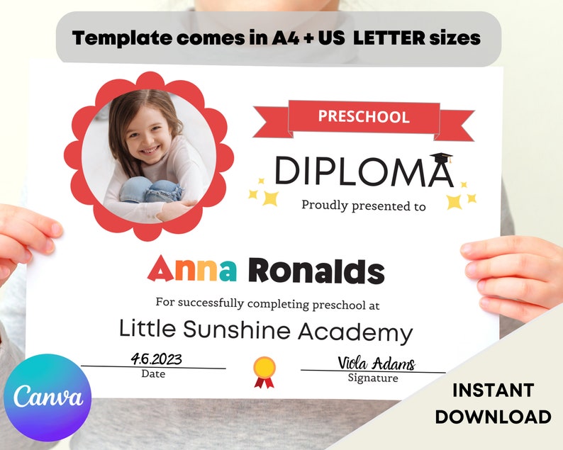 Preschool Diploma With Photo Template Editable Pre-k Diploma - Etsy