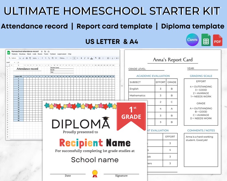Homeschool Starter Kit, Printable Homeschool Report Card Template ...