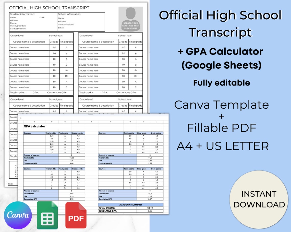 High School Transcript With a GPA Calculator, GPA Calculator and a ...