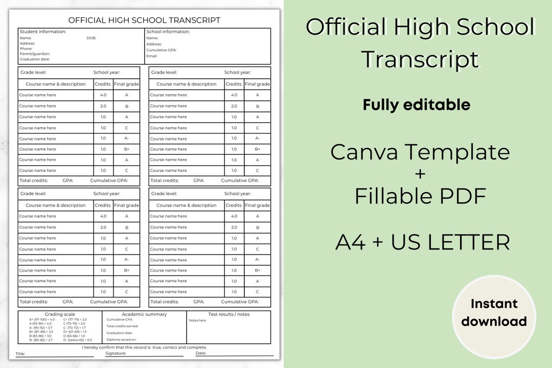Report Card Template, Fillable High School Transcript, Printable ...