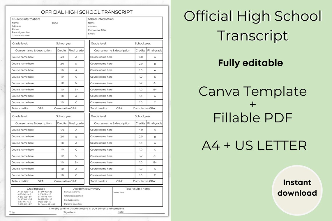 Report Card Template, Fillable High School Transcript, Printable ...