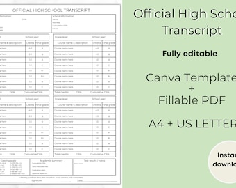 High School Transcript, Report Card Template, Editable Homeschool ...