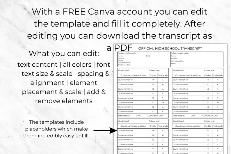 Report Card Template, Fillable High School Transcript, Printable ...