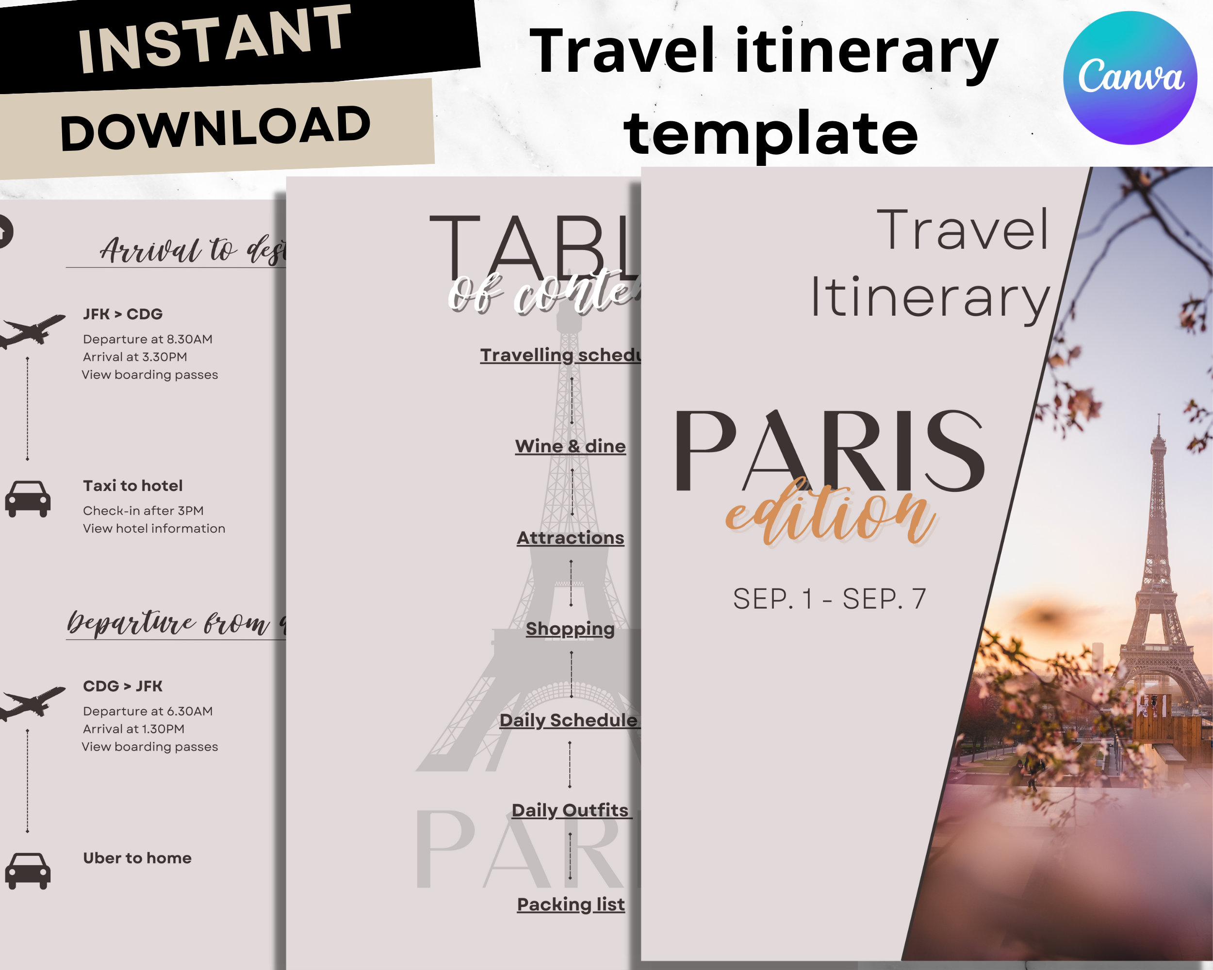 Paris Travel Itinerary Template, Travel Log, Paris Travel Guide, Travel ...