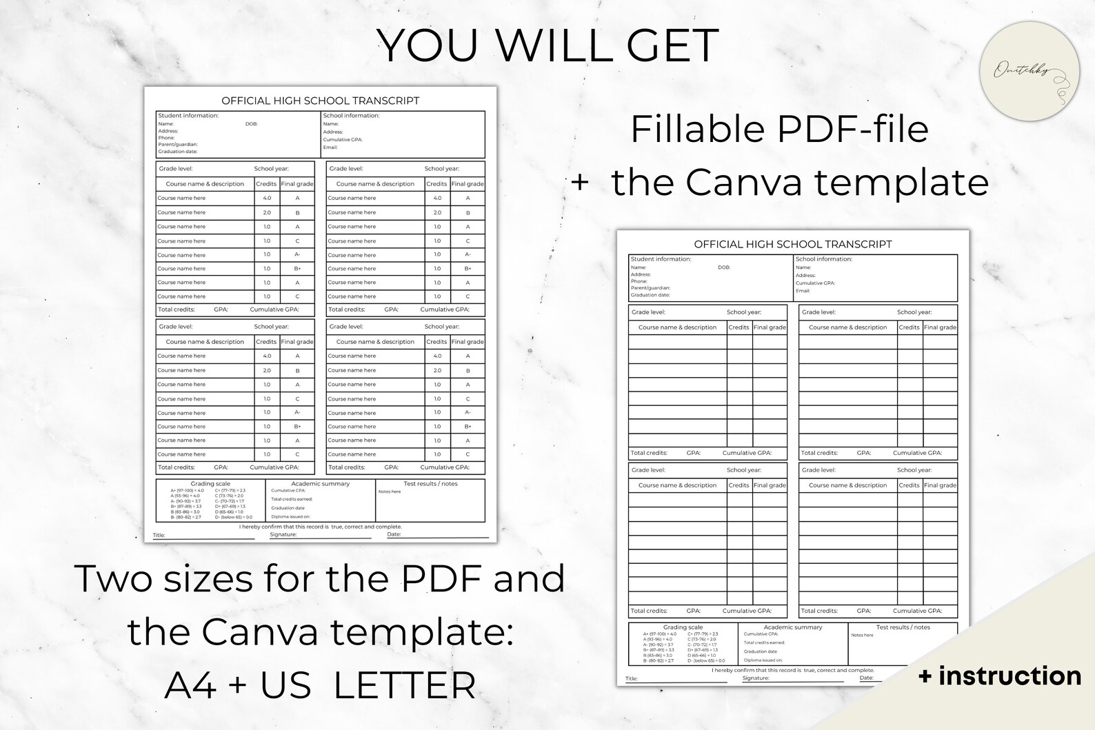 Report Card Template, Fillable High School Transcript, Printable ...