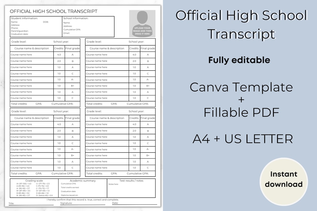 High School Transcript, Report Card Template, Editable Homeschool ...