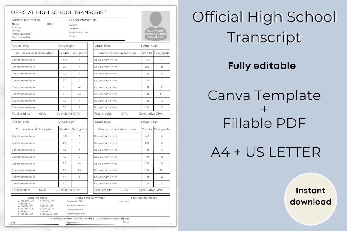 High School Transcript, Report Card Template, Editable Homeschool ...