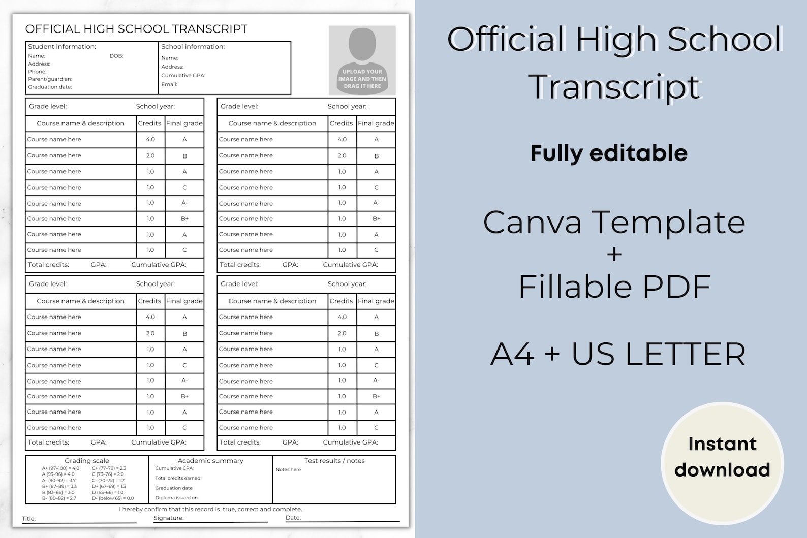 High School Transcript, Report Card Template, Editable Homeschool ...