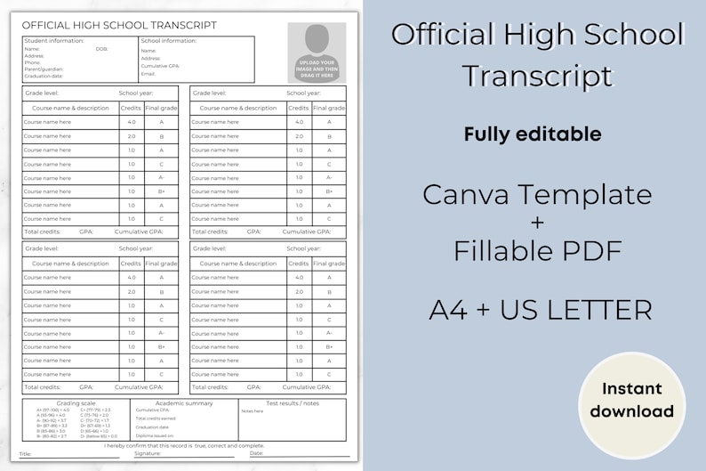 High School Transcript, Report Card Template, Editable Homeschool ...