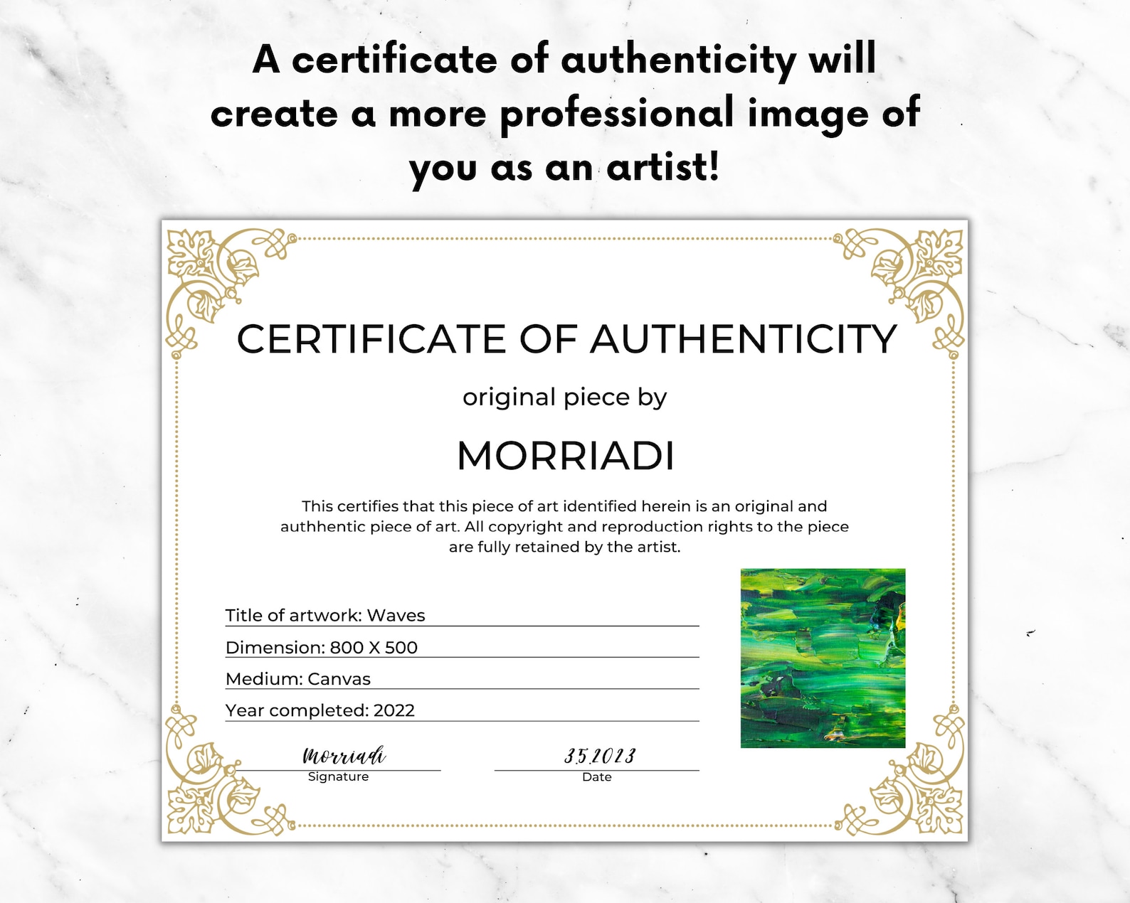 Certificate of Authenticity for Artwork, Art COA Template, Authenticity ...