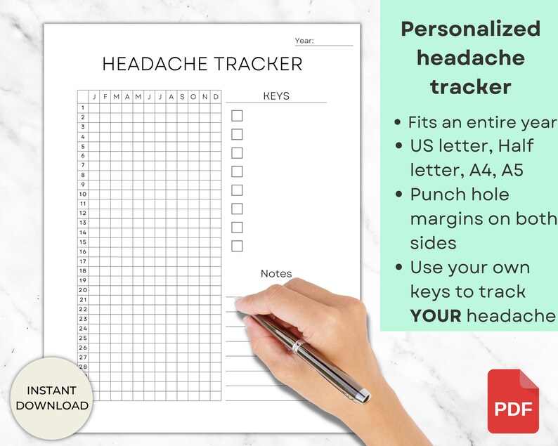 Printable Headache Tracker, Simple Migraine Log, Personalized Headache ...