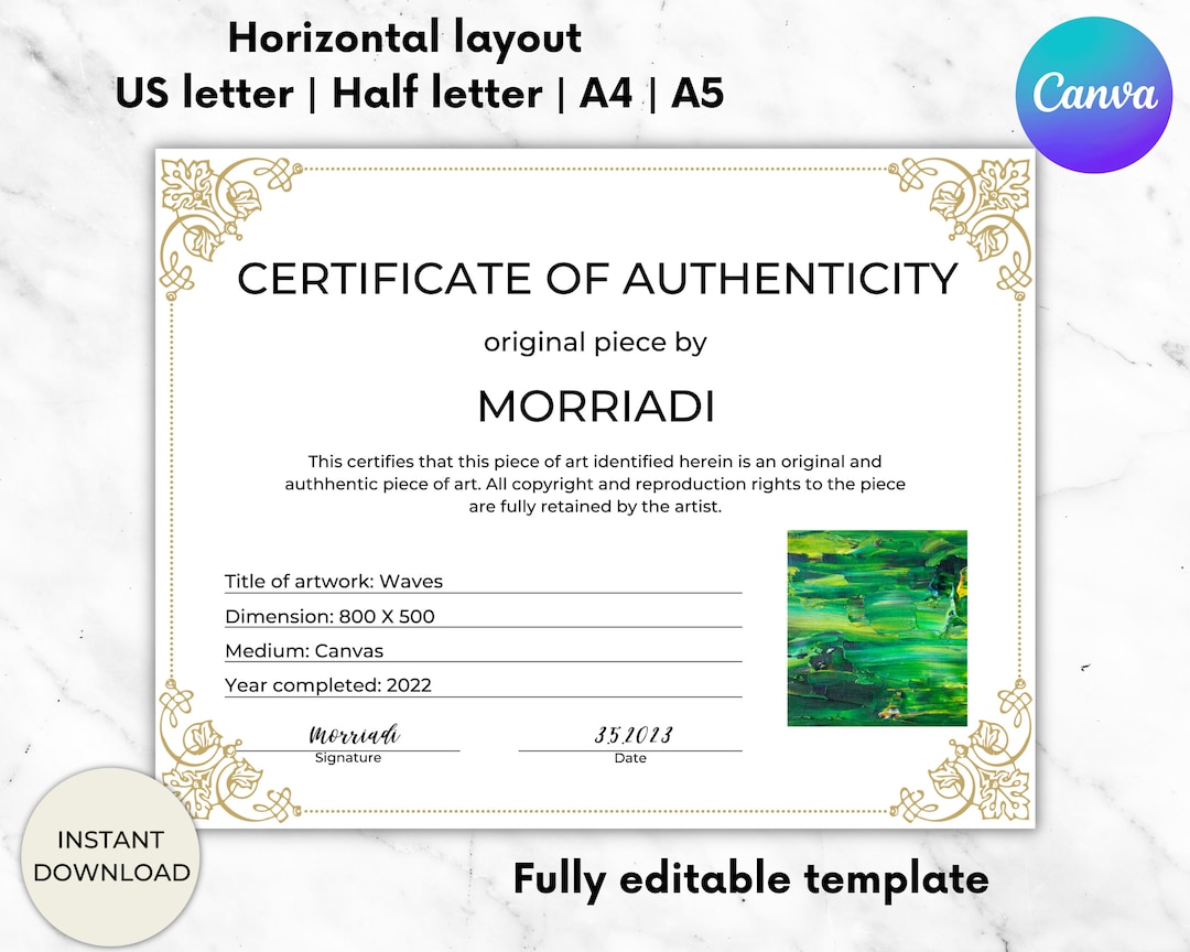 Certificate of Authenticity for Artwork, Art COA Template, Authenticity ...