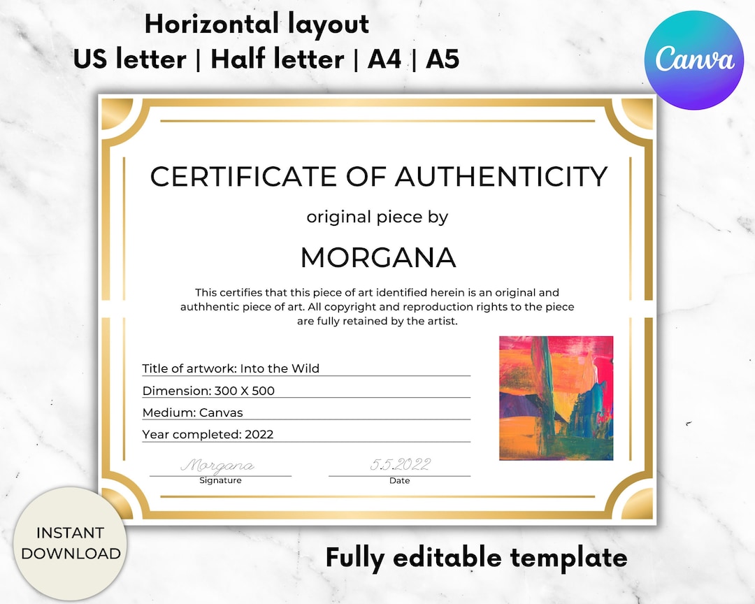 Certificate of Authenticity for Artwork, Authenticity Certificate ...
