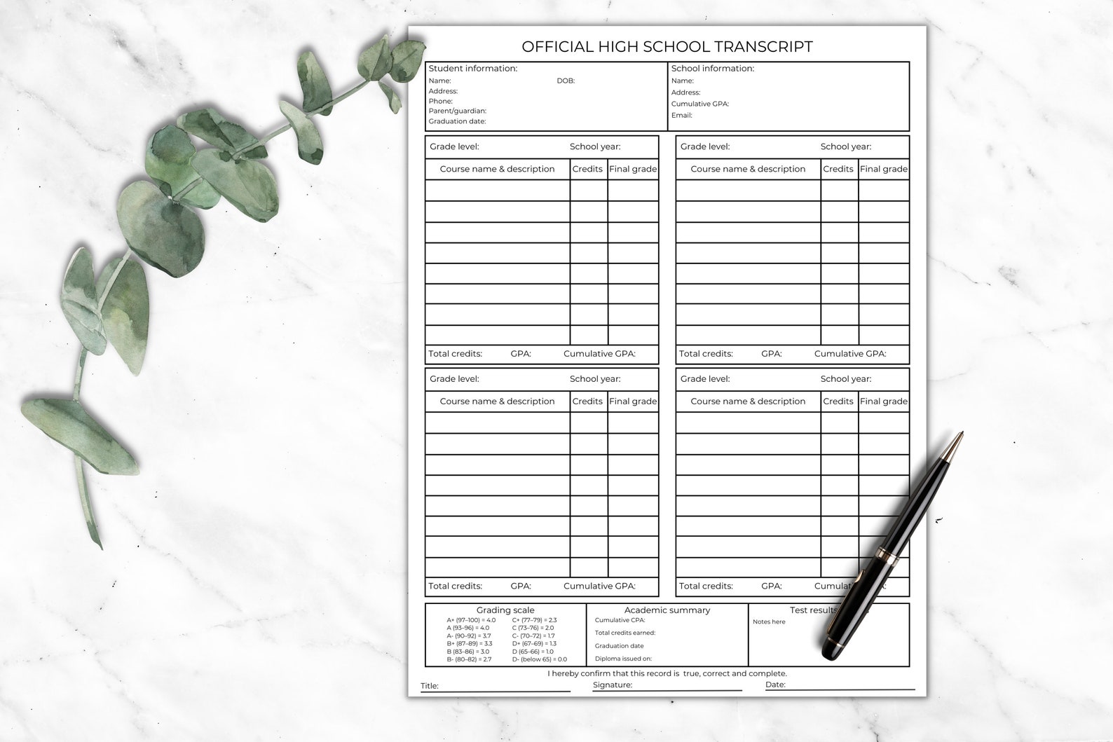 Report Card Template, Fillable High School Transcript, Printable ...