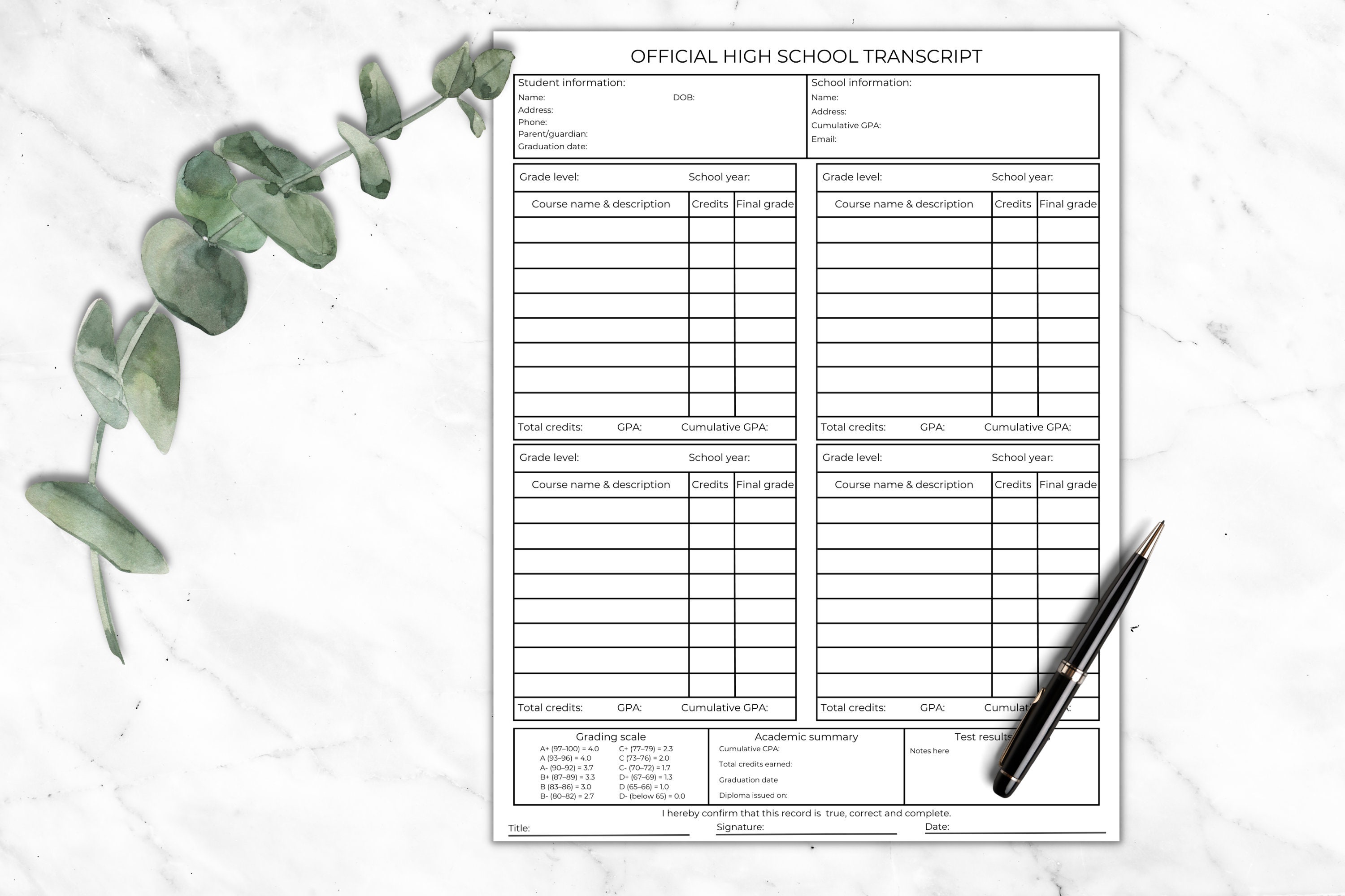 Report Card Template, Fillable High School Transcript, Printable ...