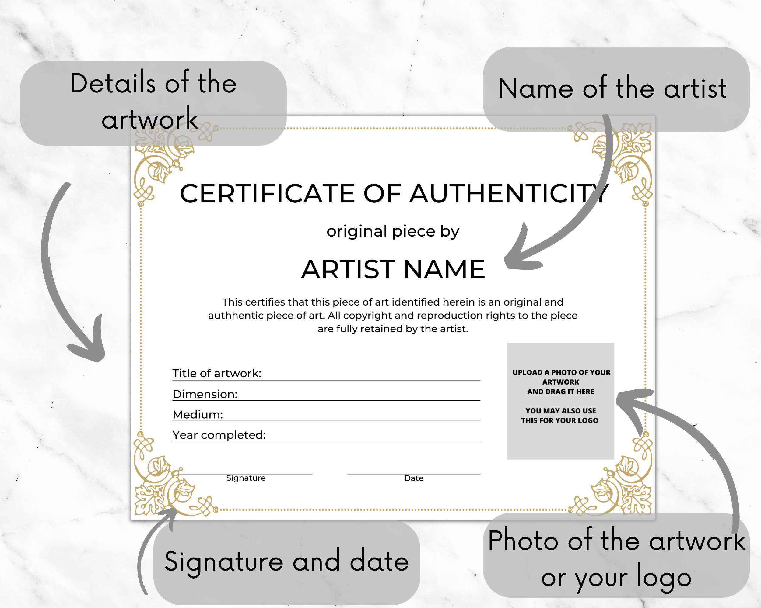 Certificate of Authenticity for Artwork, Art COA Template, Authenticity ...