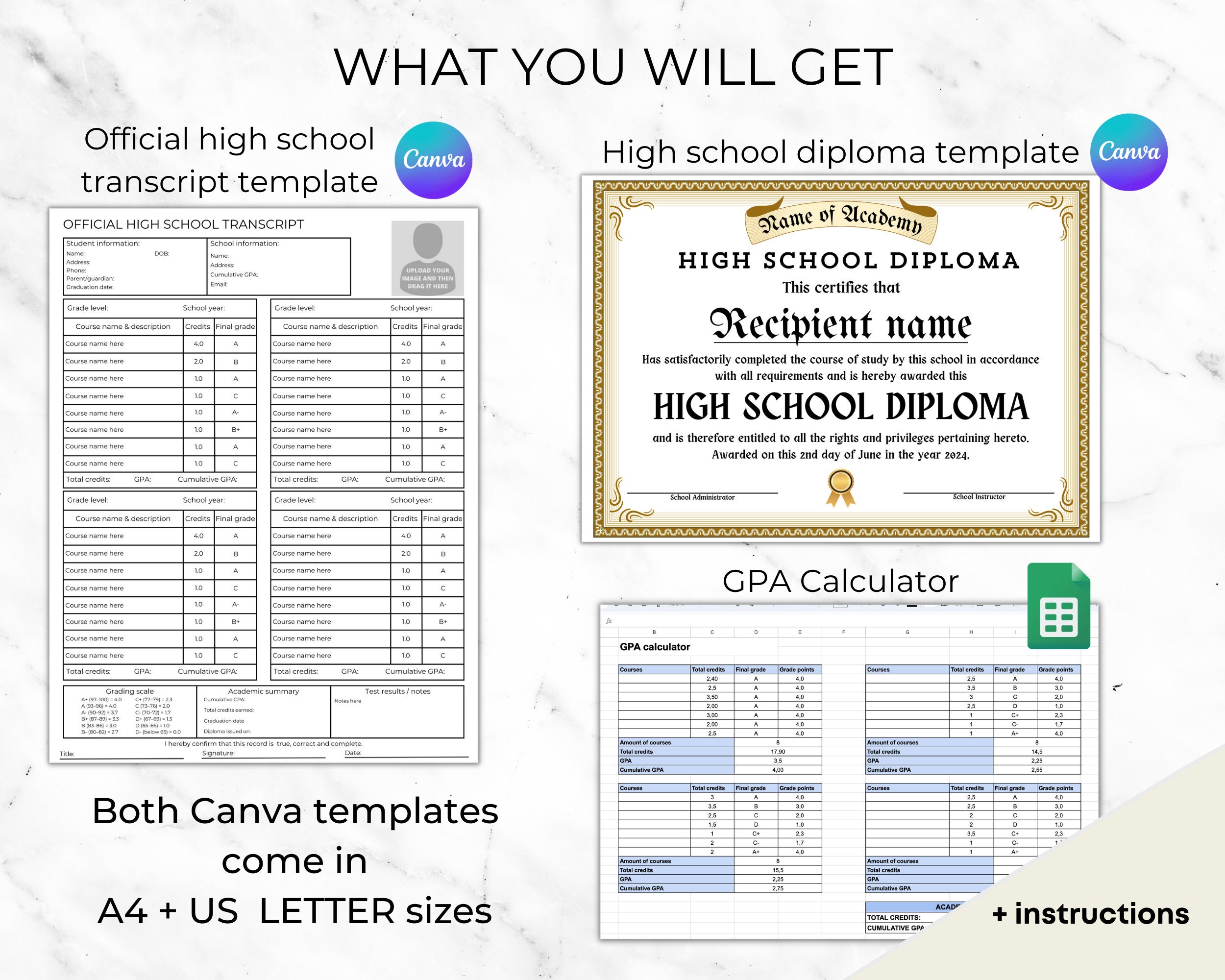 High School Diploma Template, Editable High School Transcript, GPA ...