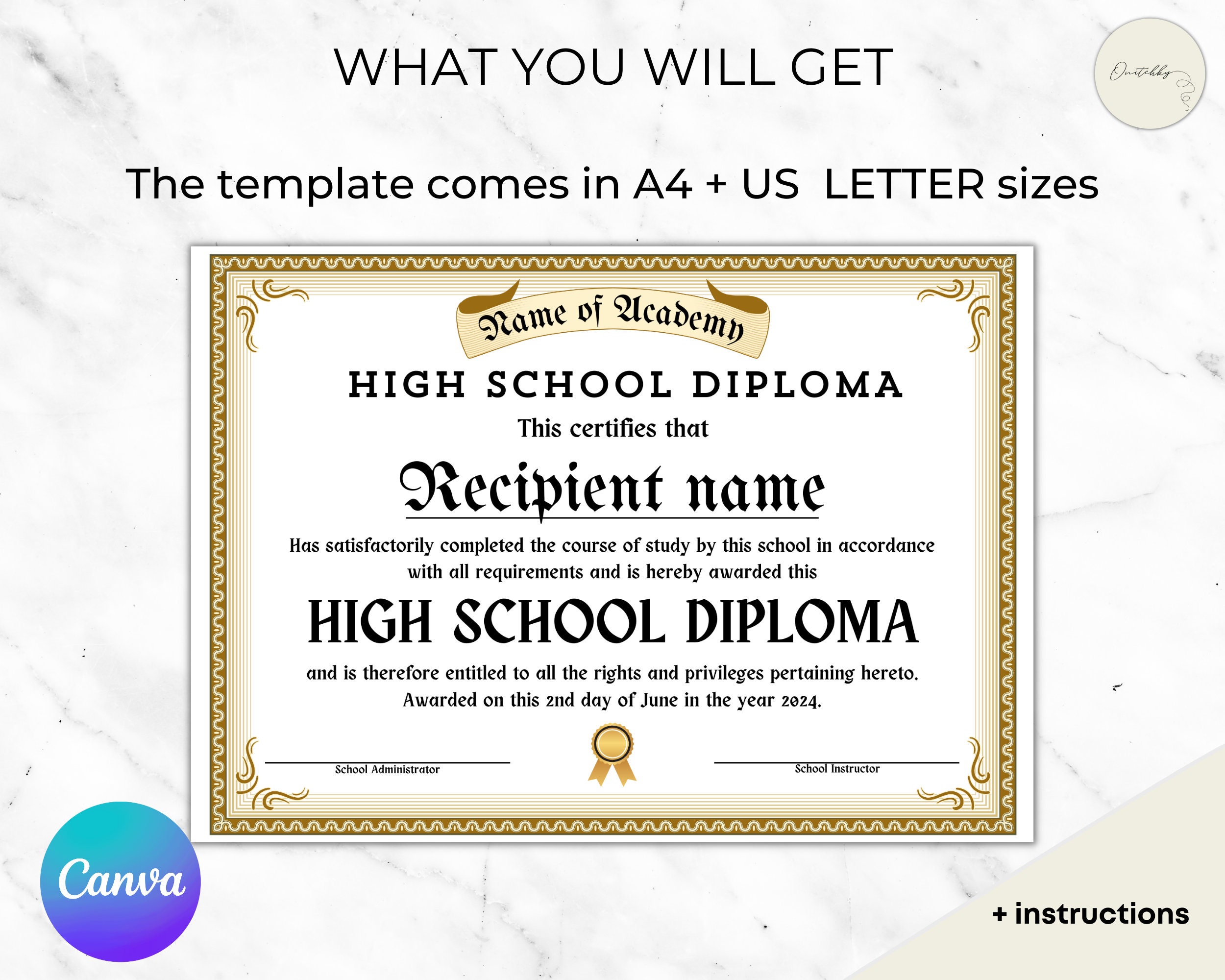 High School Diploma Template, Editable GED Diploma, Personalized High ...