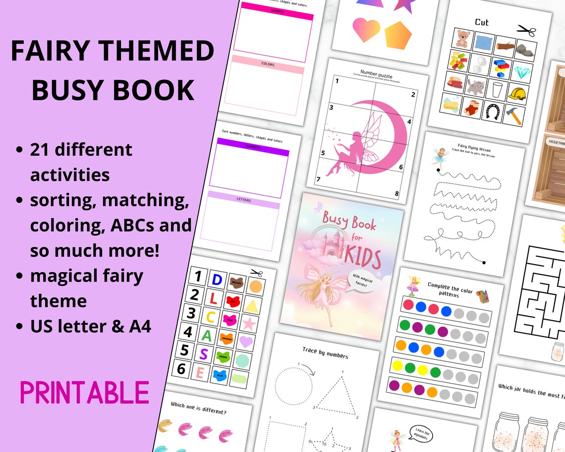 Printable Fairy Busy Book for Kindergarten, Preschool Learning Workbook ...