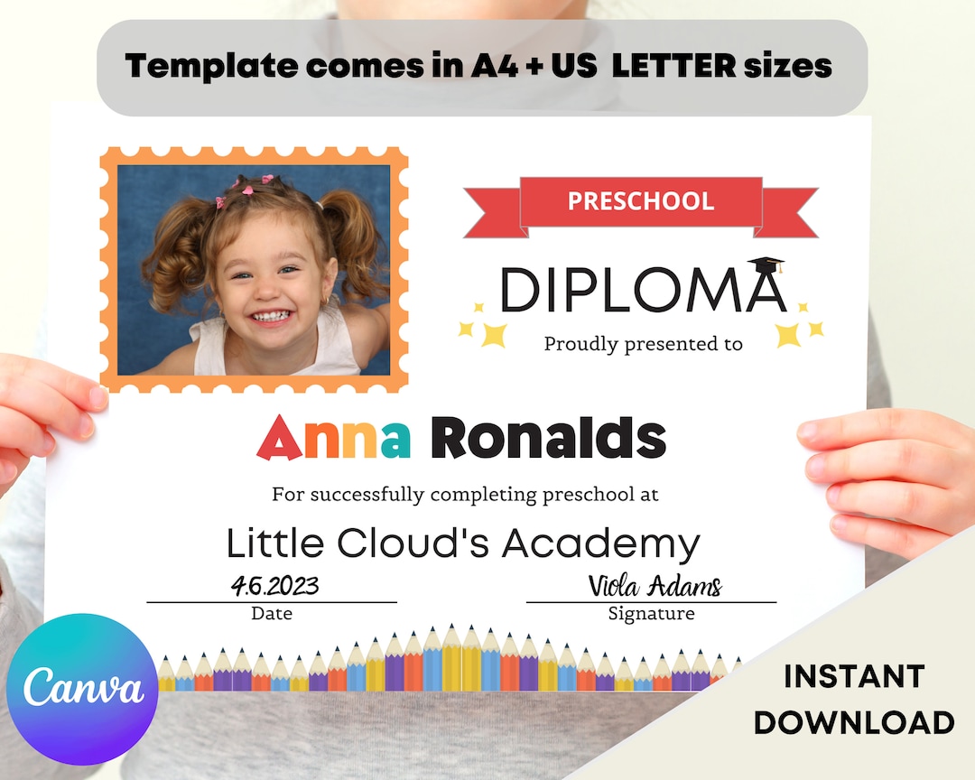 Preschool Diploma With Photo Template, Editable Pre-k Diploma With ...