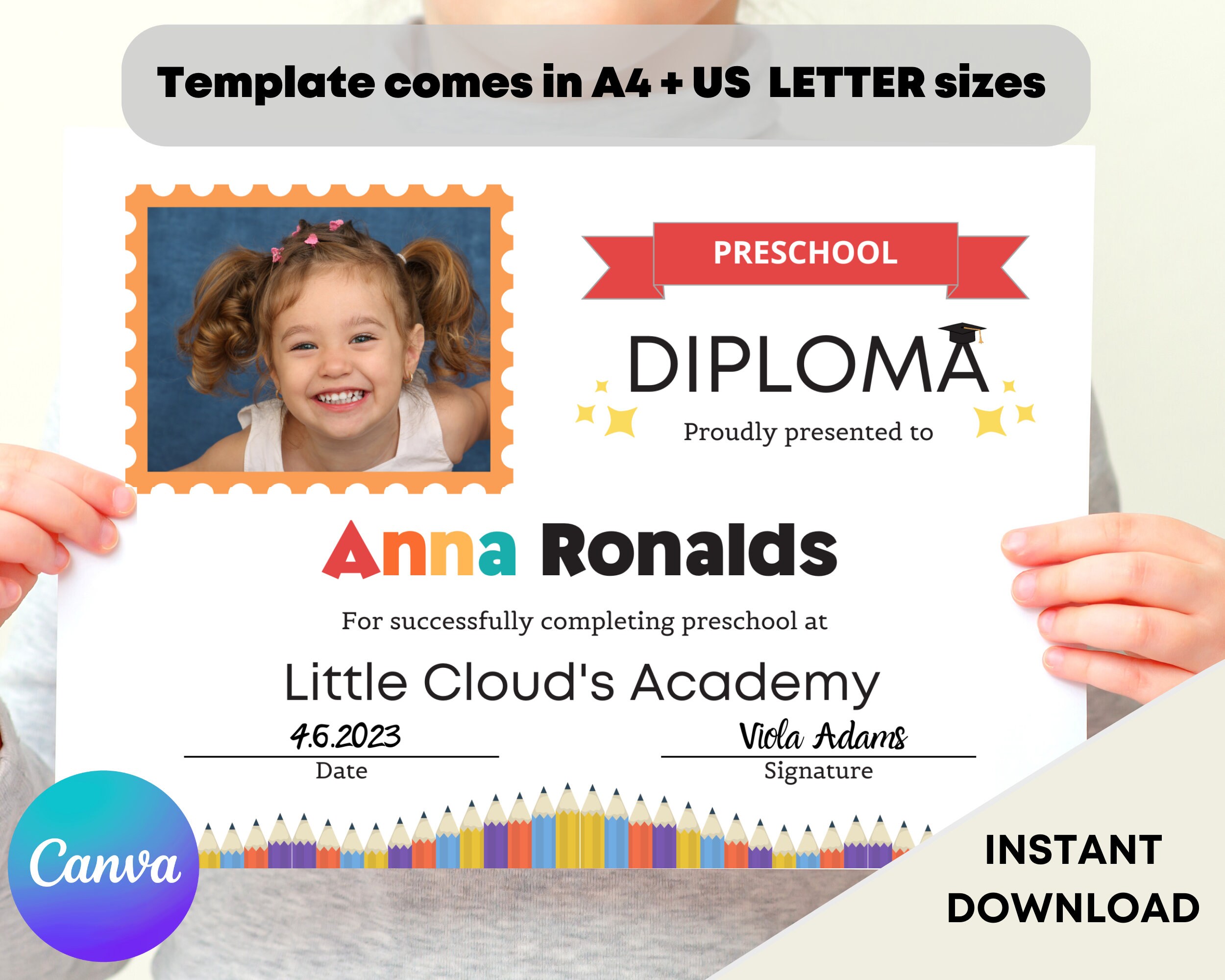 Preschool Diploma With Photo Template, Editable Pre-k Diploma With ...