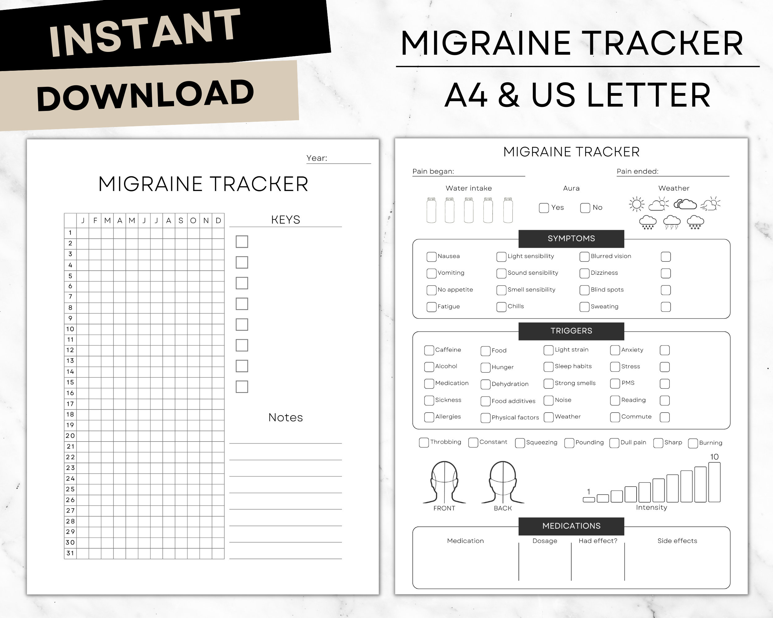 Chronic Migraine Tracker, Digital Migraine Log, Headache Symptom Tracker, Printable Headache Log ...