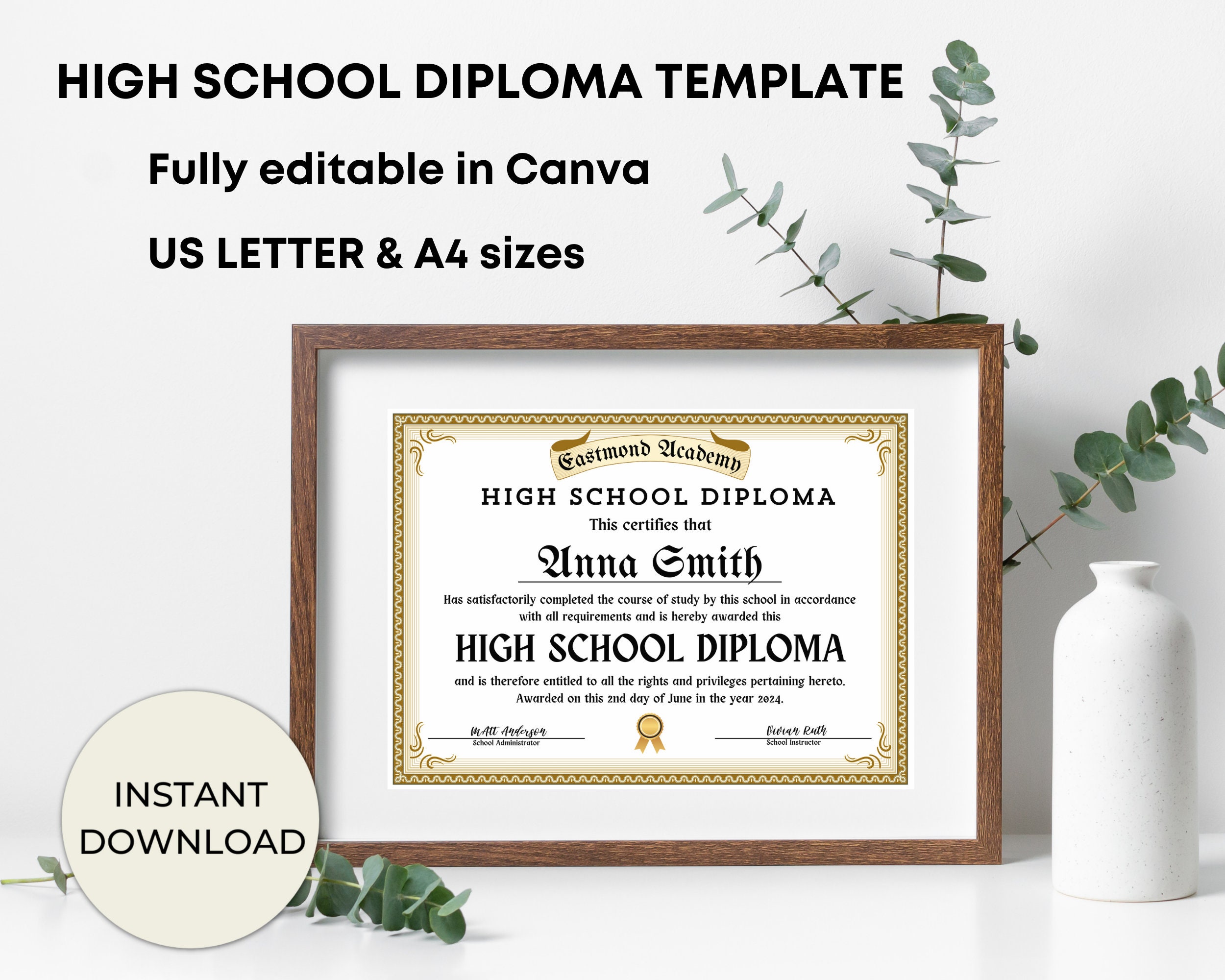 High School Diploma Template, Editable High School Graduation Diploma ...
