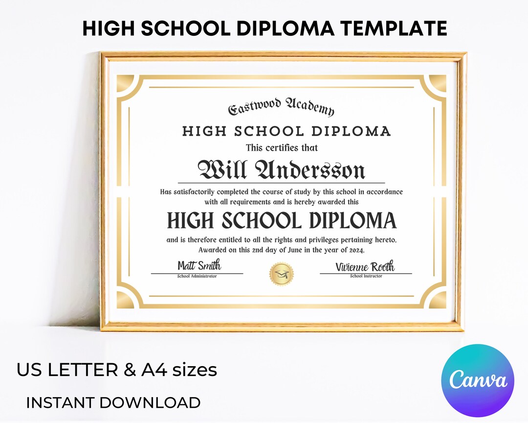 Personalized Diploma Template, Editable High School Diploma, Graduation ...