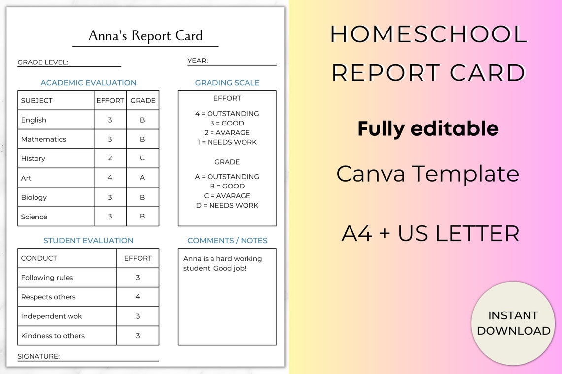 Report Card Template, Fillable Homeschool Transcript, Printable ...