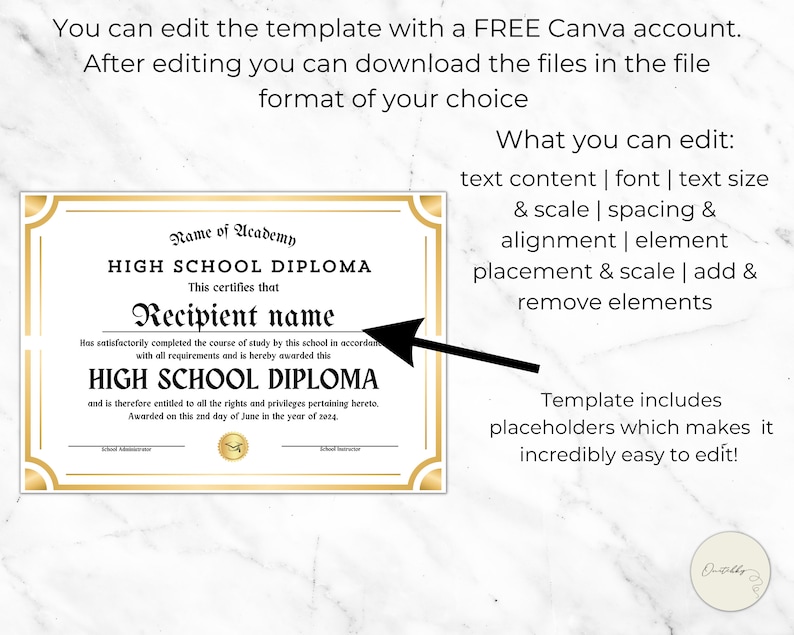 Personalized Diploma Template, Editable High School Diploma, Graduation ...