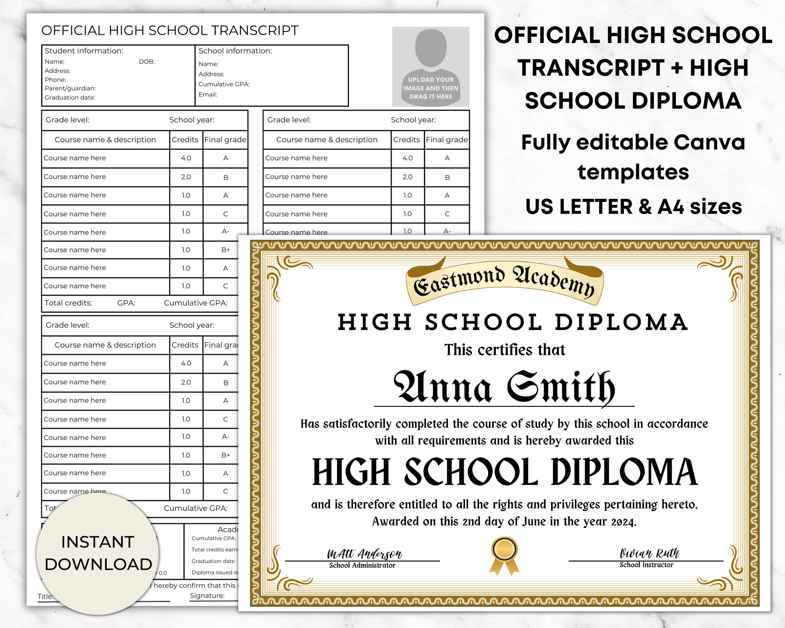 High School Diploma Template, High School Transcript, Graduation ...