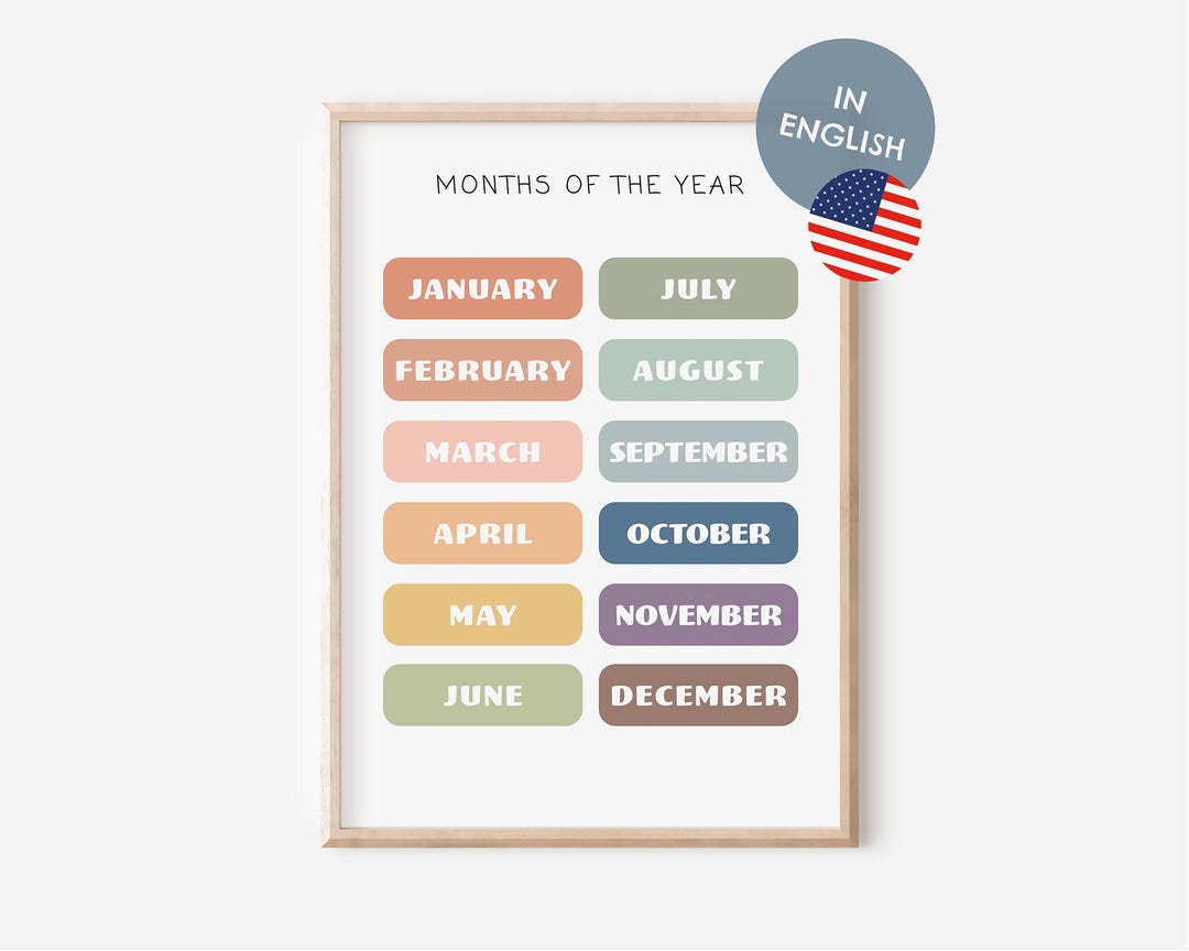 Months of the Year Educational Poster English in A4 & A3 for Kids Room ...