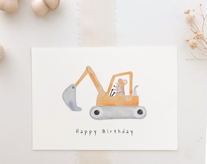 Bagger-karte Zum Geburtstag Personalisiert, Aquarell-motiv Baustelle ...
