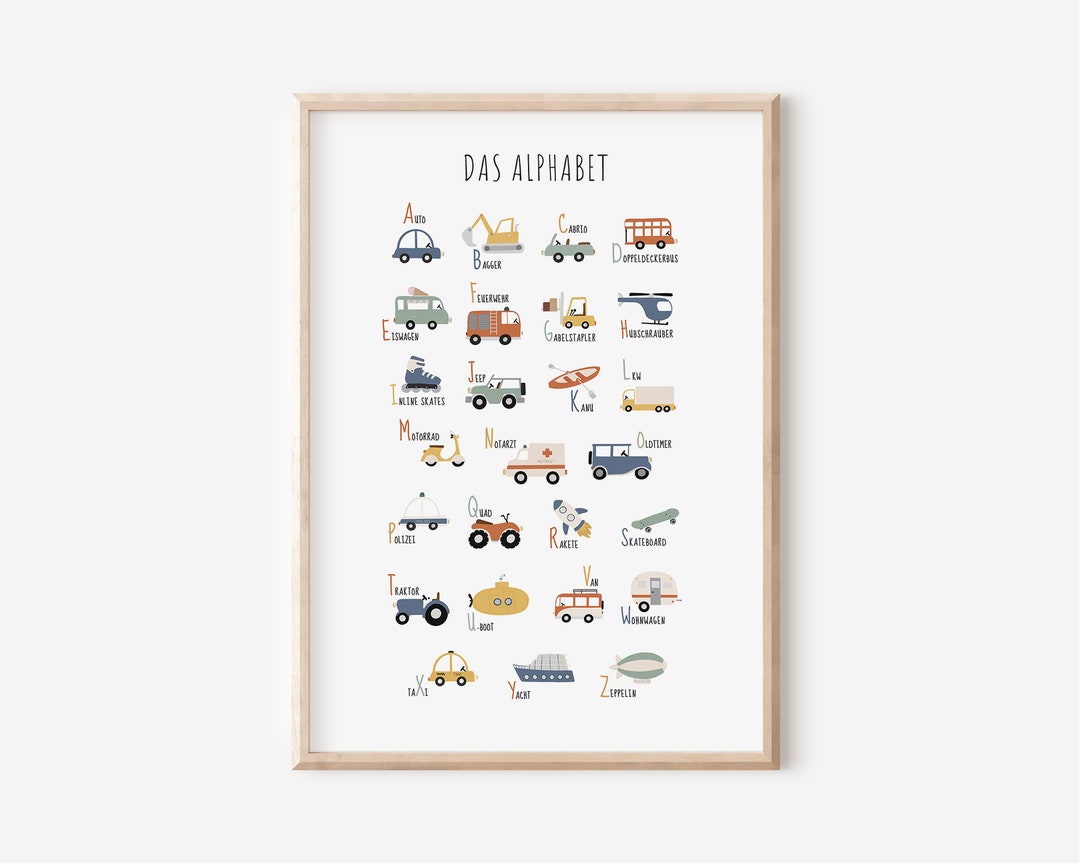 Vehicles ABC Poster for Children's Room in A4, A3, A2 & 50x70 Boy Girl ...