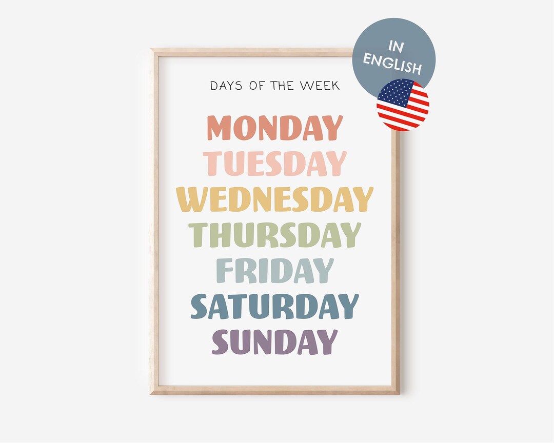 Days of the Week Educational Poster English in A4 & A3 for Kids Room ...