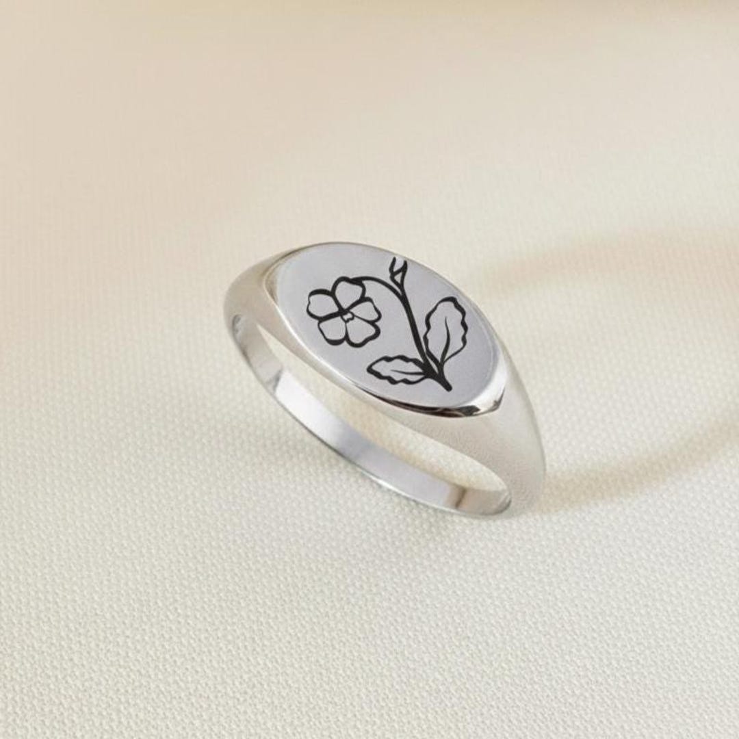 February Birth Flower Silver Signet Ring | Violet Floral Engraved Ring ...