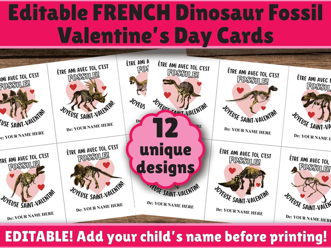 EDITABLE Printable FRENCH Valentine's Day Cards for School Dinosaur ...