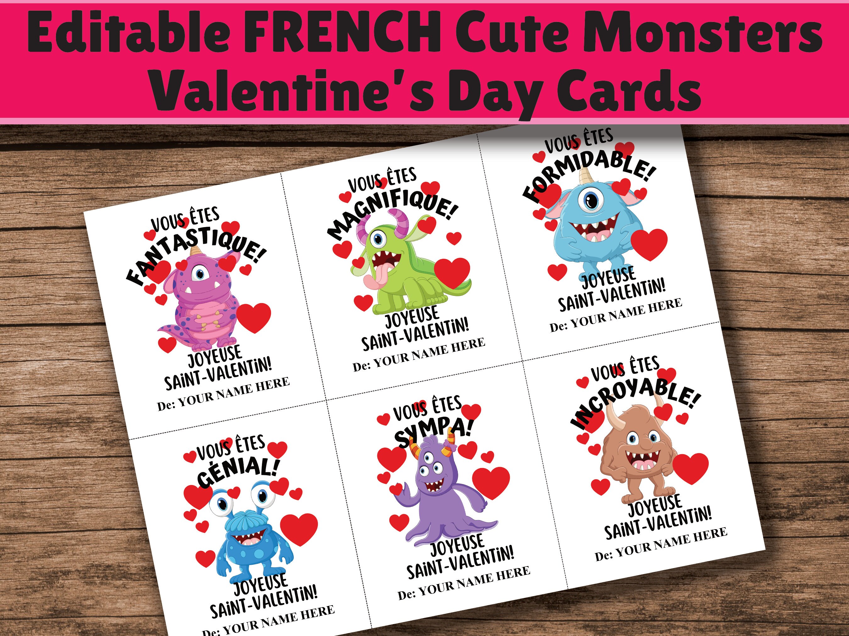 EDITABLE FRENCH Printable Kids Valentine's Day Cards for School Cute ...
