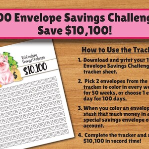 10k 100 Envelope Challenge Printable 10,100 Savings Tracker Reach Your Money Goals 50 Week or ...