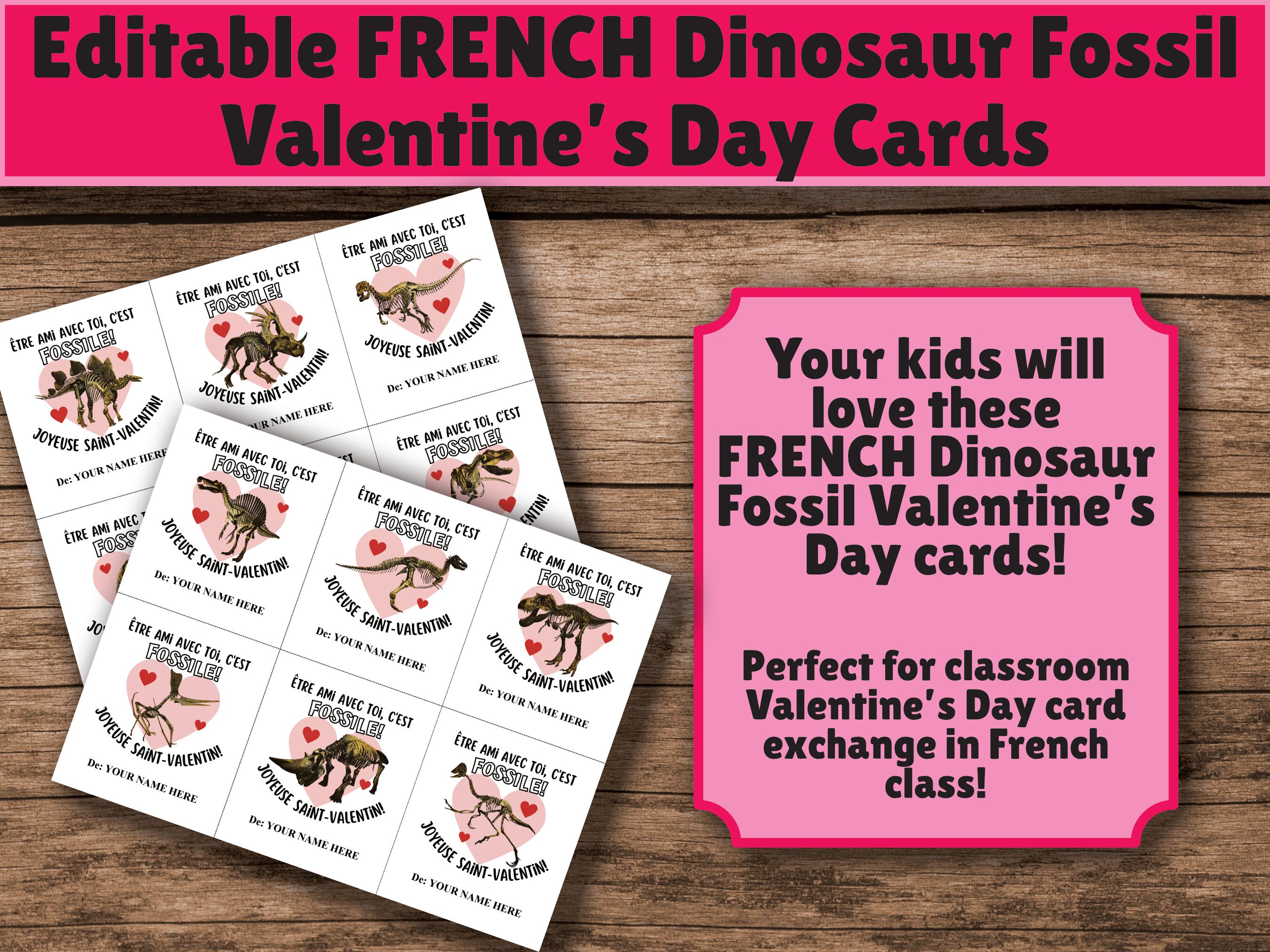 EDITABLE Printable FRENCH Valentine's Day Cards for School Dinosaur ...